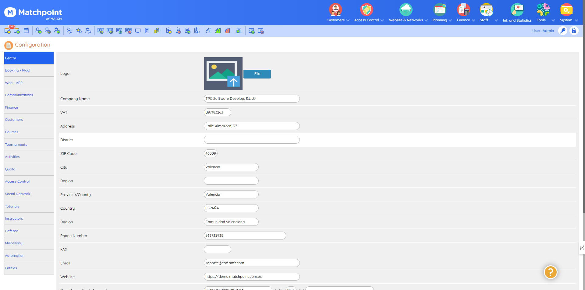 Configuration of your center – TPC Matchpoint