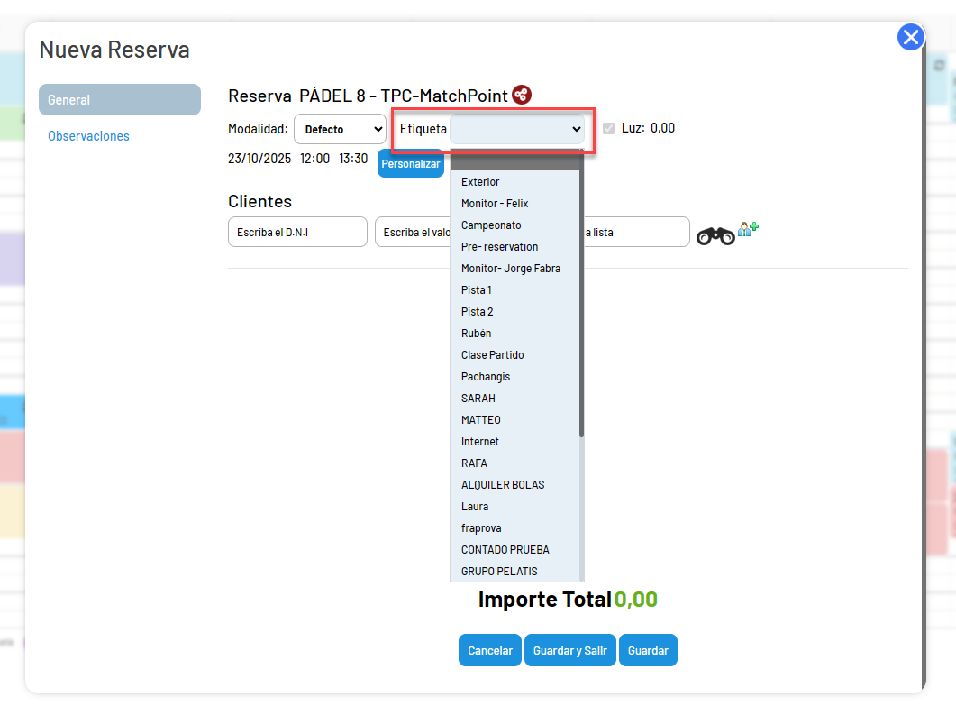 Cómo crear etiquetas para marcar reservas – TPC Matchpoint